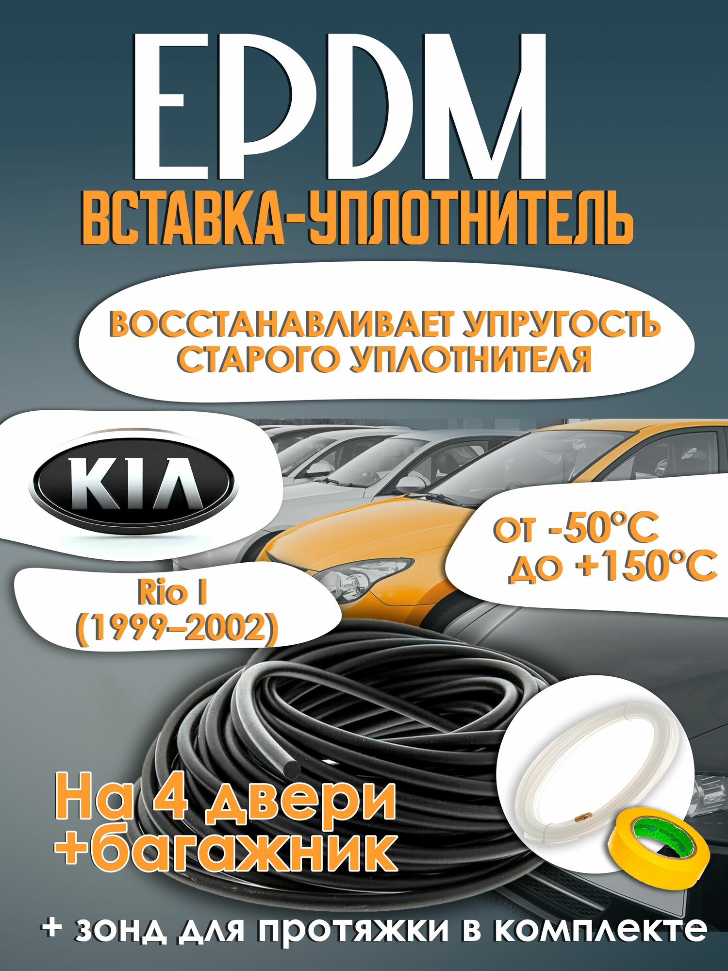 EPDM вставка-уплотнитель для дверей автомобиля Kia Rio I (1999-2002) / Киа Рио 1 поколение