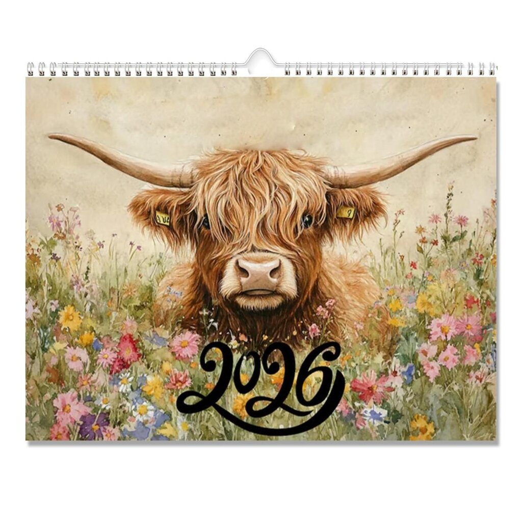 Художественный календарь крупного рогатого скота на 2026 год - Декор стен в стиле сельского коттеджа и ежемесячный планировщик, Художественный календарь крупного рогатого скота на 2026 год в Шотландии, необходимый любителям животных