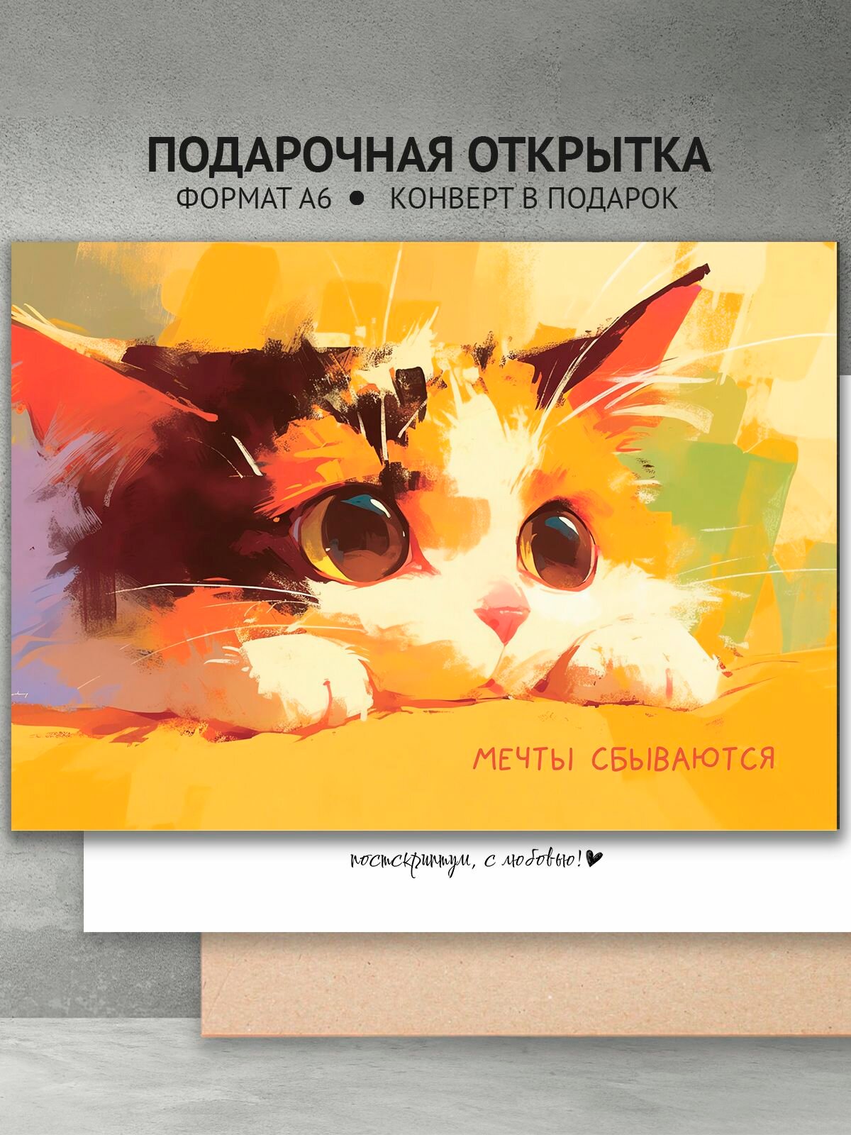 Подарочная открытка с кошкой на день рождения, юбилей, без повода