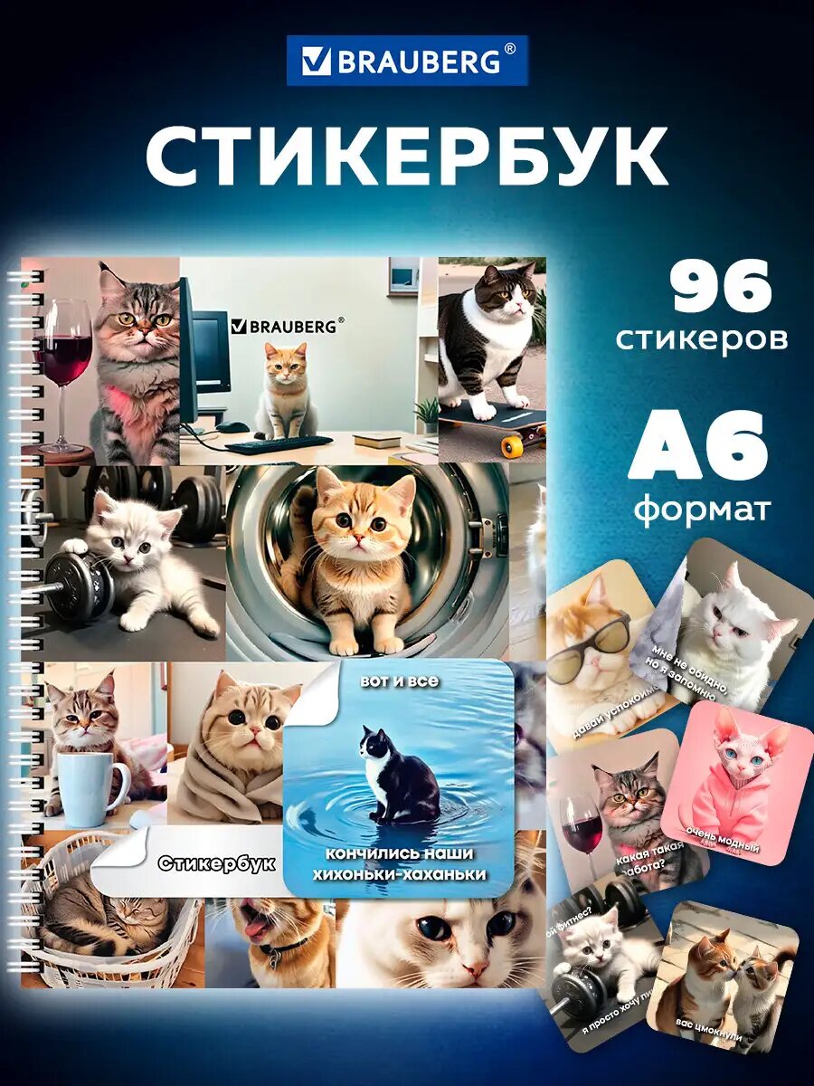 Стикербук с наклейками для скрапбукинга детский, 16 листов А6, 96 цветных стикеров с котиками и мемами, Brauberg, 666050