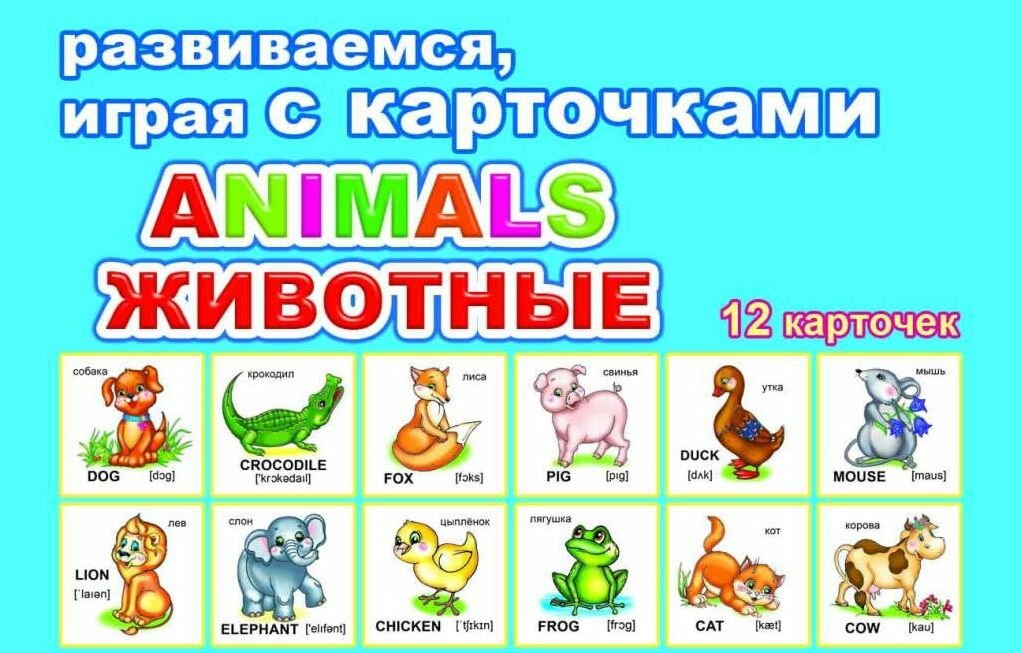 Карточки развив. для школьников Animals животные,12карточек,9785912829130