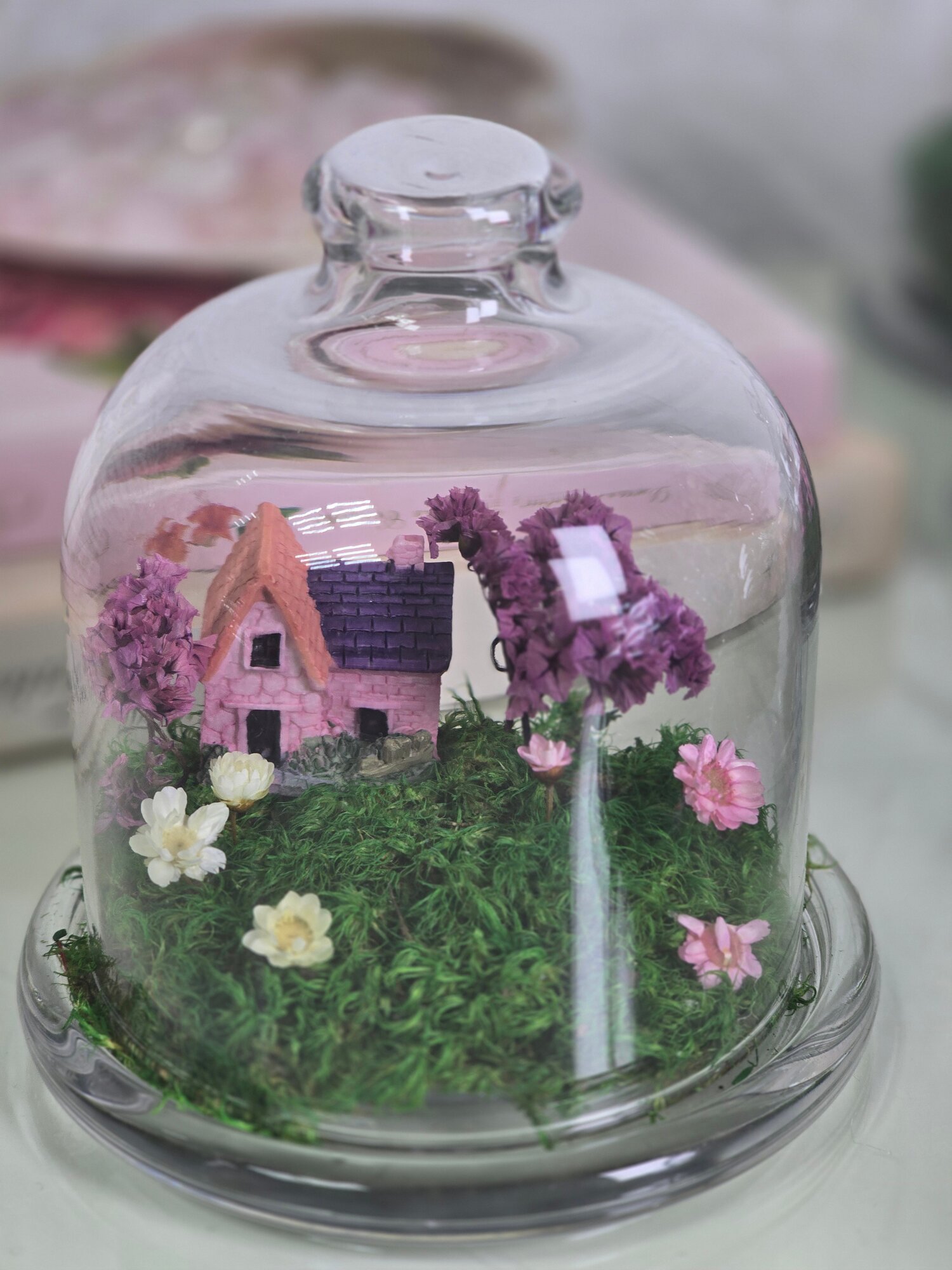 Флорариум "Цветущий домик" из стабилизированного мха и стабилизированных растений в колбе, интерьерная композиция
