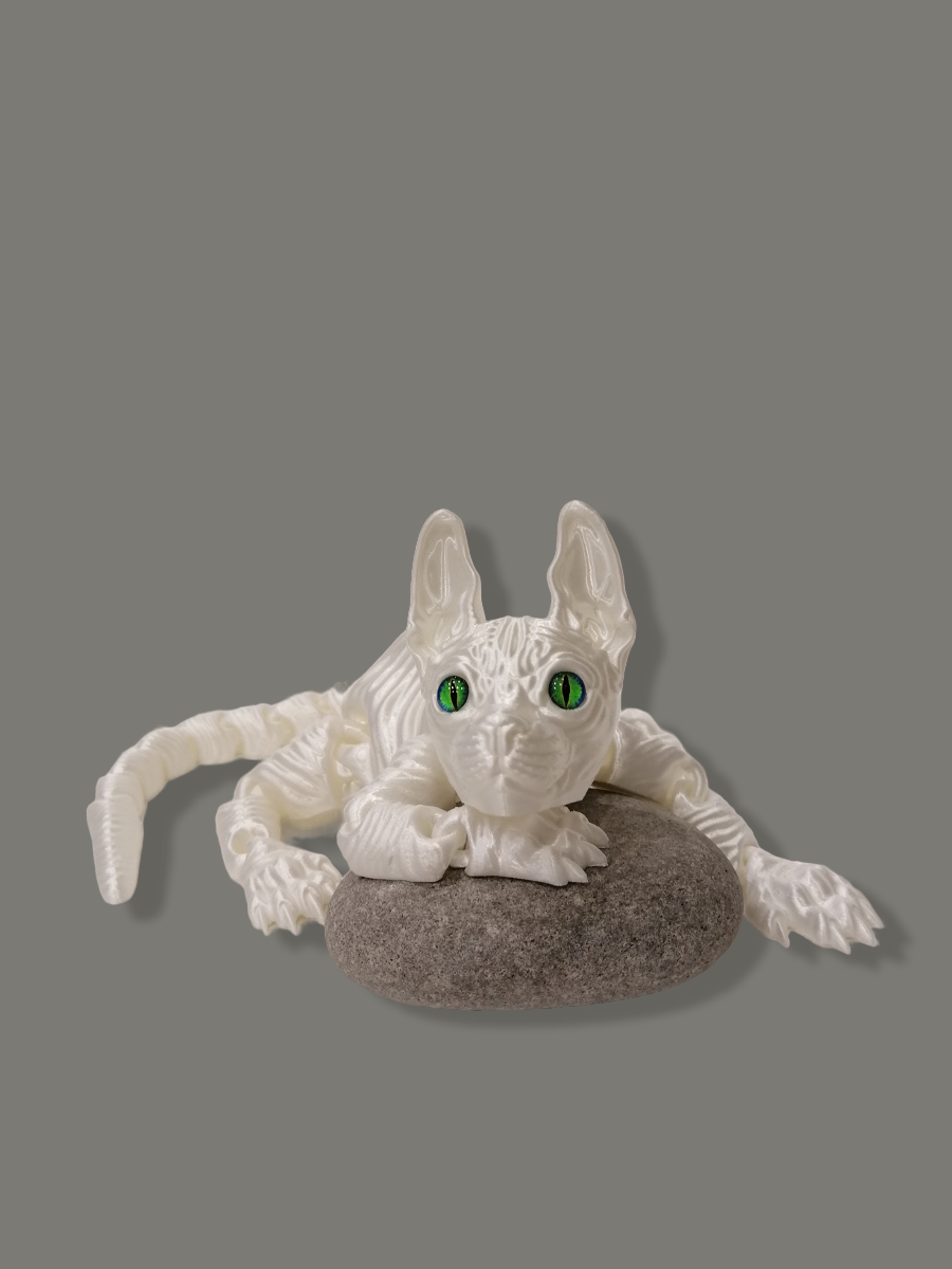 Котик "Сфинкс", игрушка антистресс. Цвет "Жемчужный" глаза как на фото. Длина 31 см.