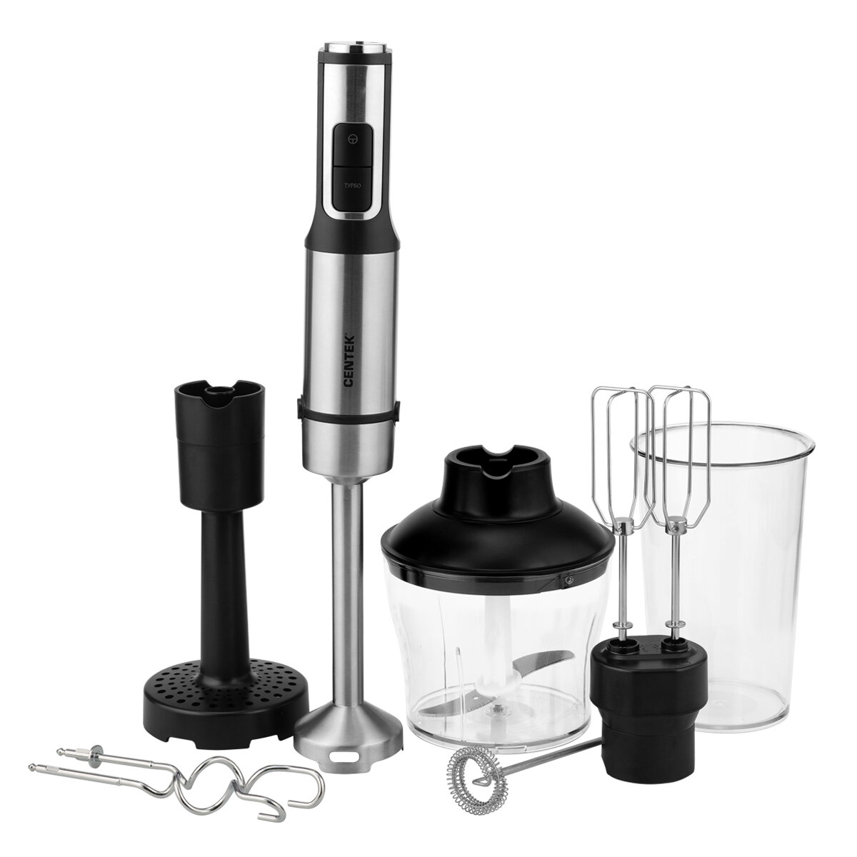 Блендер Centek CT-1312 (черный/сталь) 1500 Вт, 15 скор, чоппер, стакан, венчик , крюк, каппуч, пюре