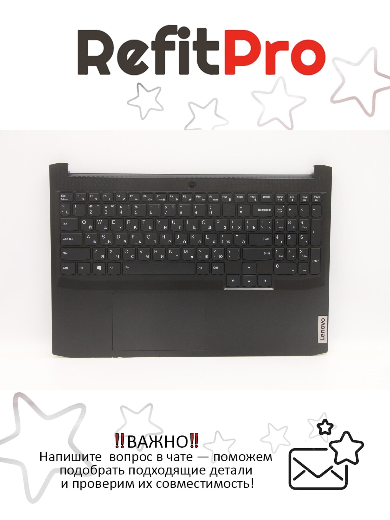 Верхняя панель с клавиатурой (топкейс) для ноутбука Lenovo Gaming 3-15IHU6 / ACH6 с RGB подсветкой, черная, раскладка - русская (5CB1D04606)