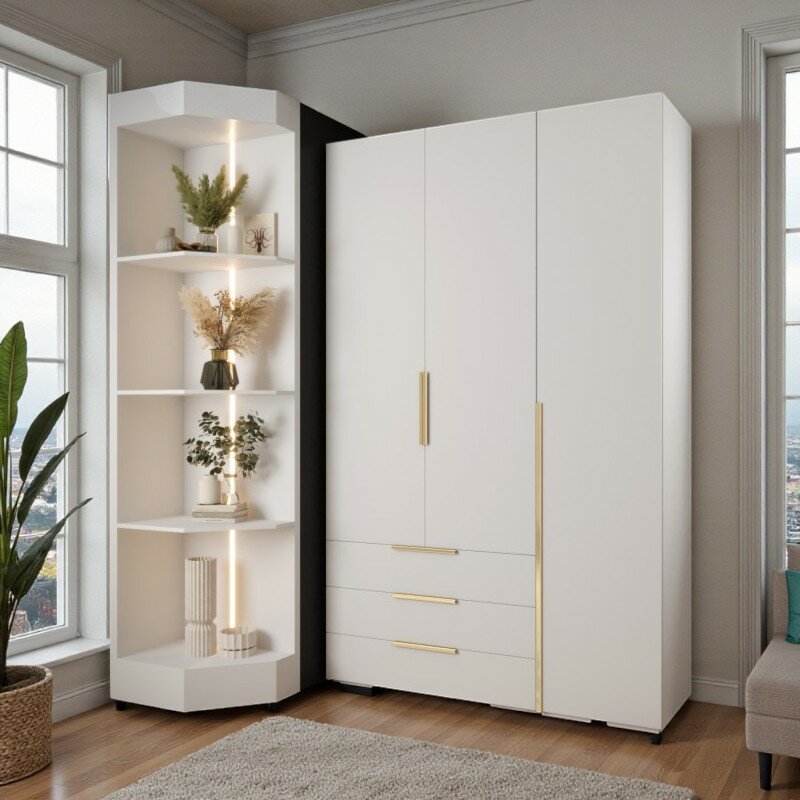 Распашной трехсекционный шкаф Мори - 6 (с 3 ящиками) Белый Снег 8685 BS NEW 180*60*260 см Фиеста