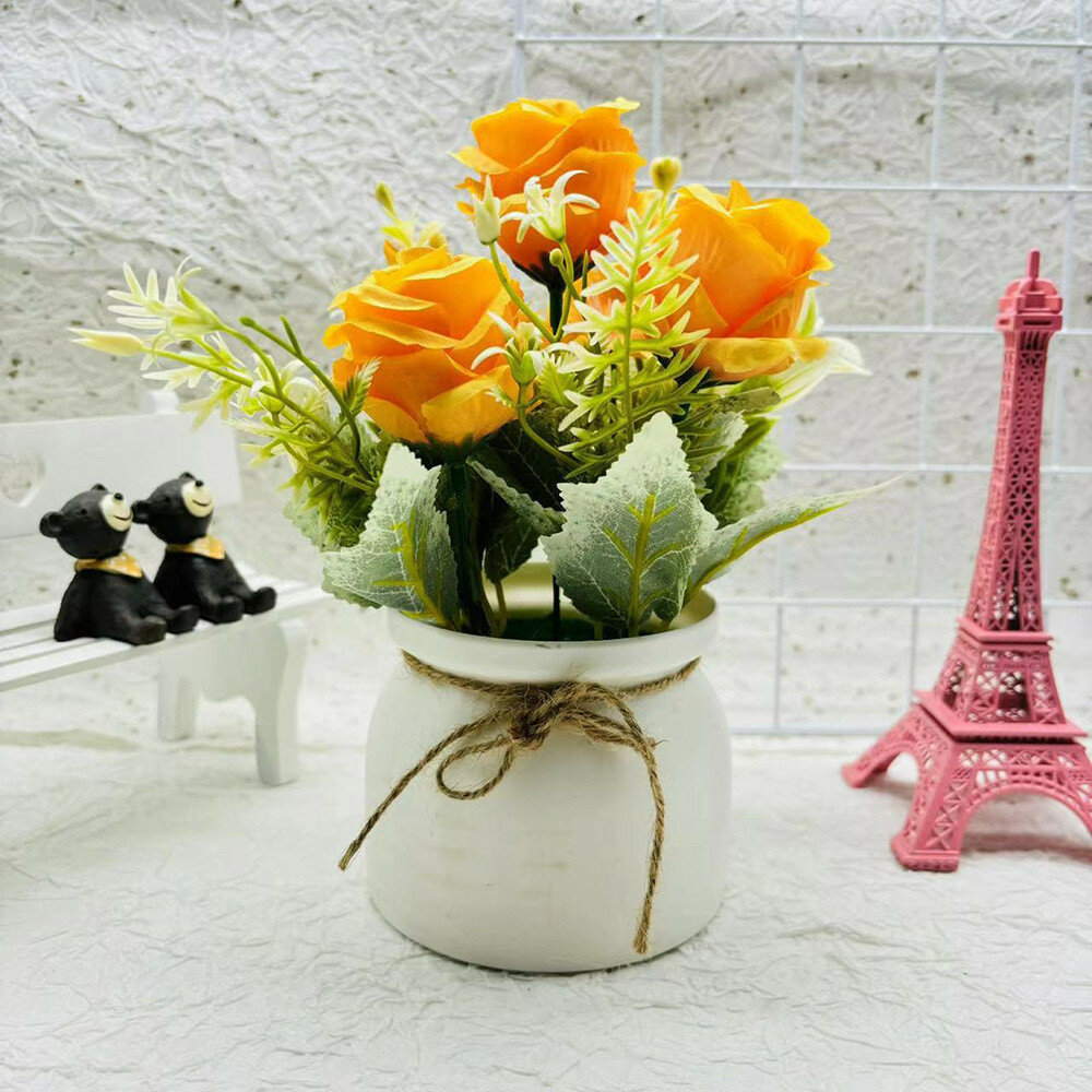 Plastic rose flower arrangement decorative plant for home desk decor orange