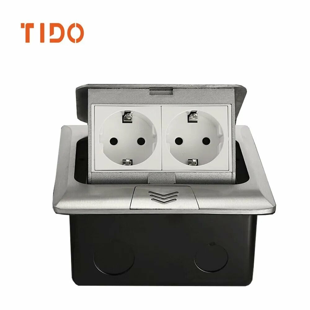 Лючок с розетками встраиваемый в пол в стол , на 2 гнезда, металлический, серебристый, в сборе