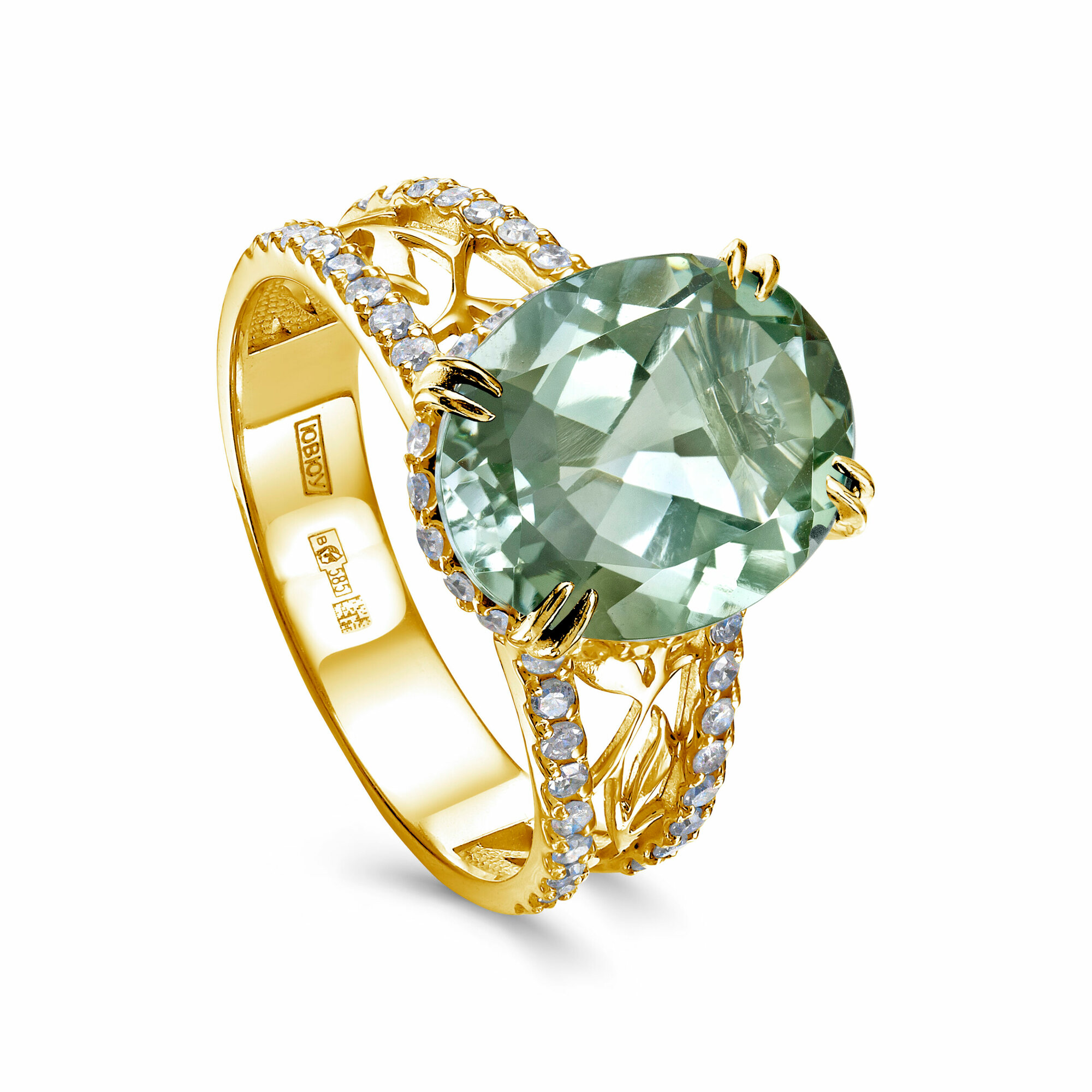 Кольцо, желтое золото, 585 проба, празиолит, бриллиант