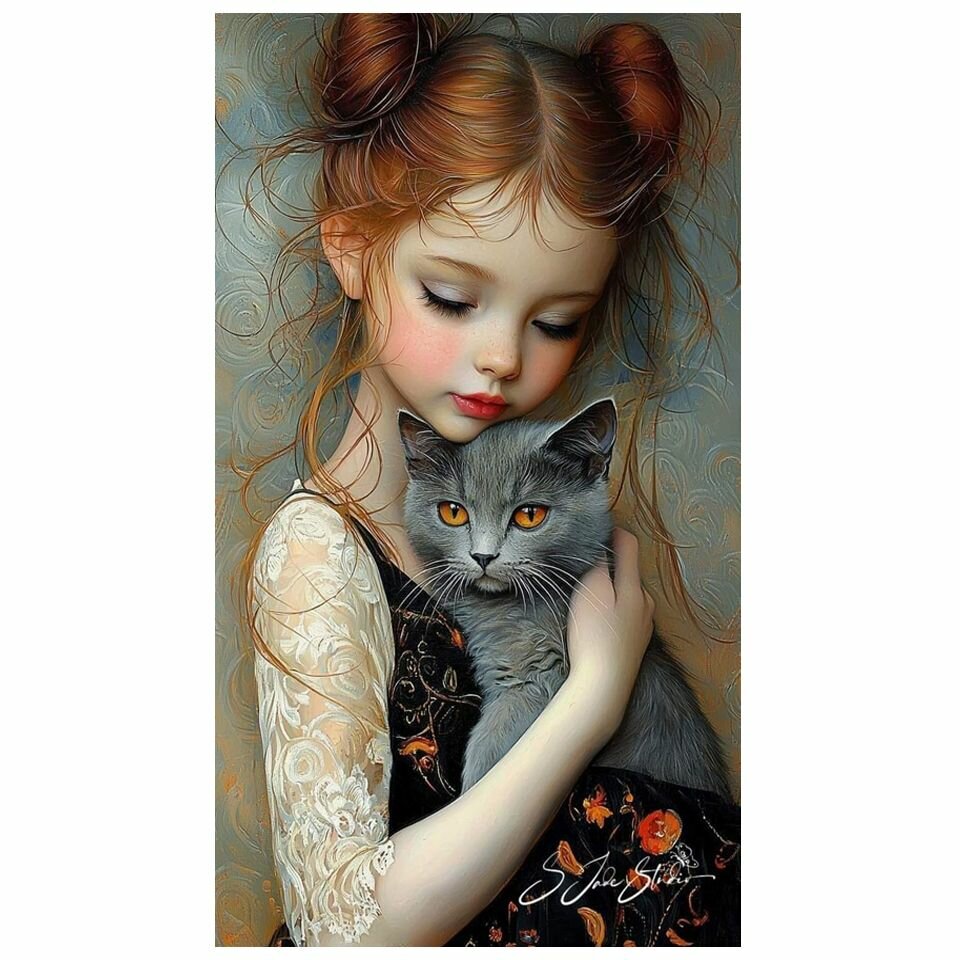 Набор для самостоятельной вышивки алмазами 5DДевушка и кошка - круглая алмазная мозаика размером 40x50 см для украшения стен дома,40X50CM, белый