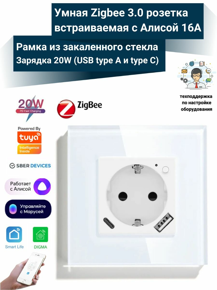 Умная розетка встраиваемая с Алисой 16А Tuya Zigbee 3.0 с (USB type A и type C) быстрая USB зарядка 20W