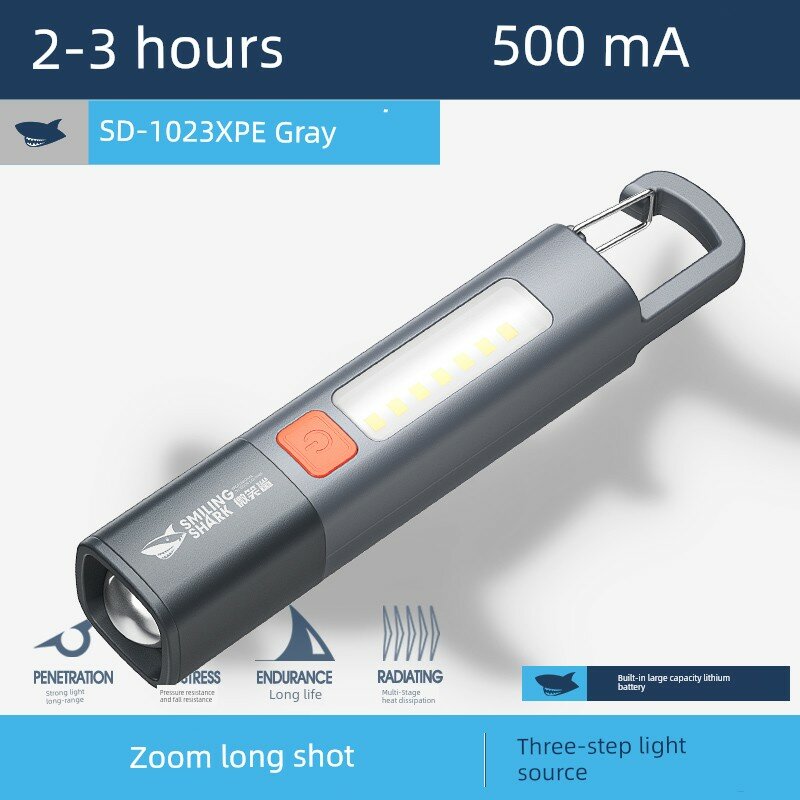 Мини-фонарик Smiling Shark с мощным светом, зумом, зарядкой через C-порт, боковым светом, сверхъярким светодиодом для