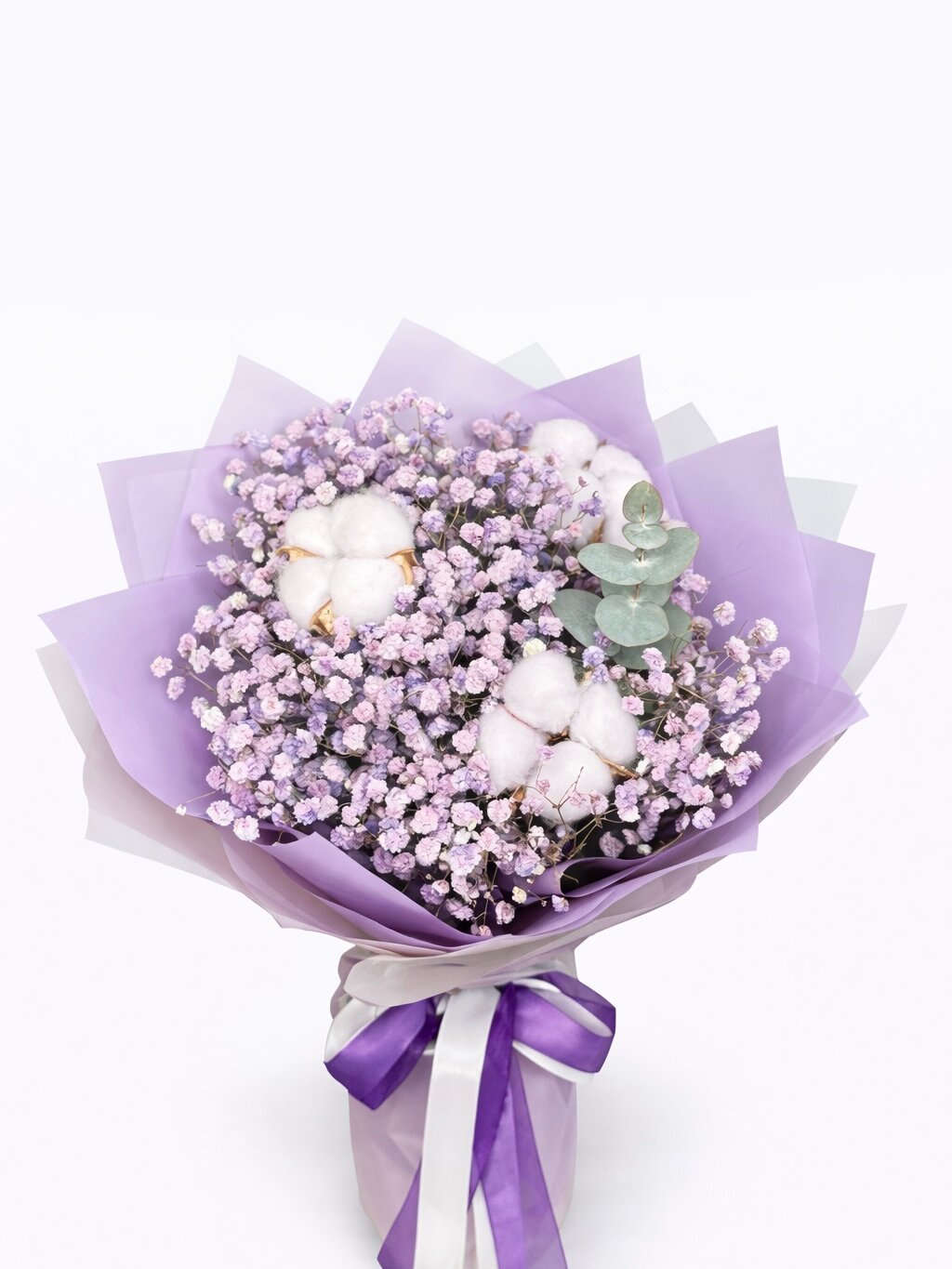 Букет «Мамино Нежное Облако» — гипсофила и хлопок в сиреневом оформлении, символ любви и заботы