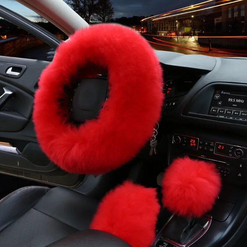 3 шт, меховой чехол на руль автомобиля, набор из овчины, авто, плюшевый, теплый, пушистый, Красный
