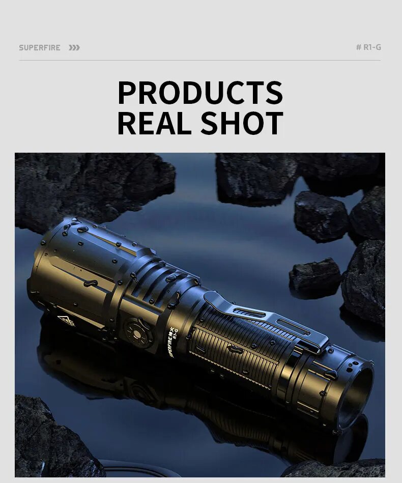 Фонарь SUPERFIRE R1-G 36W, мощный светодиодный, с зумом, перезаряжаемый через Type-C, портативный, на аккумуляторе 26650, для кемпинга