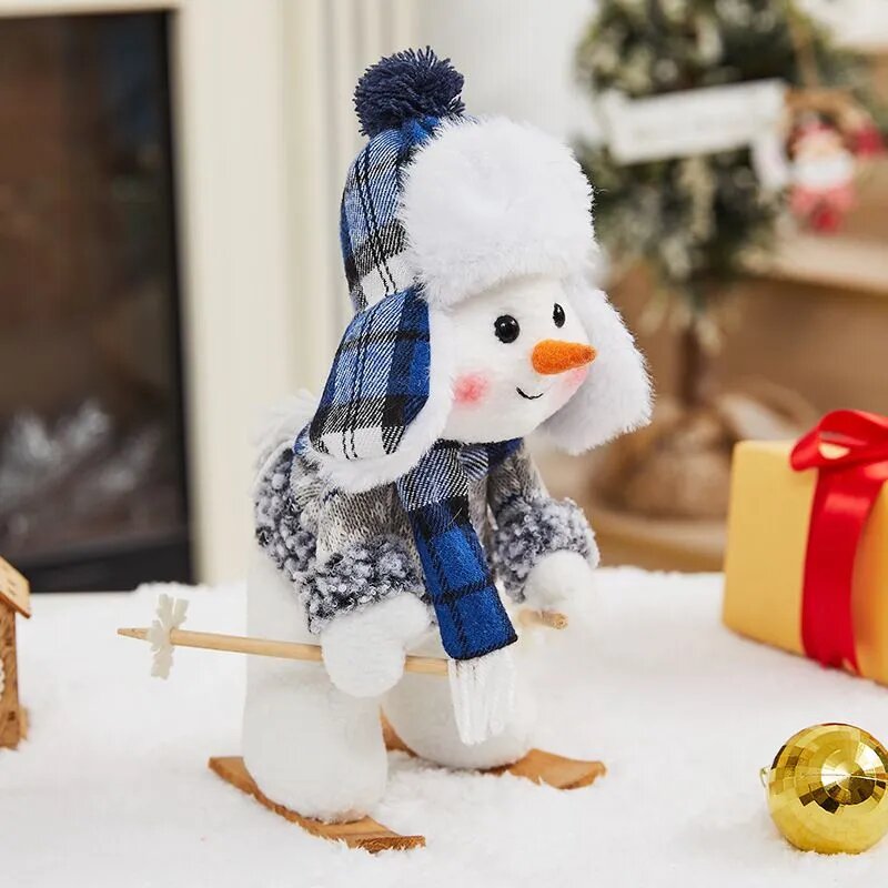 Декоративная фигурка Снеговик лыжник из велюра, игрушка под елку, новогоднее украшение