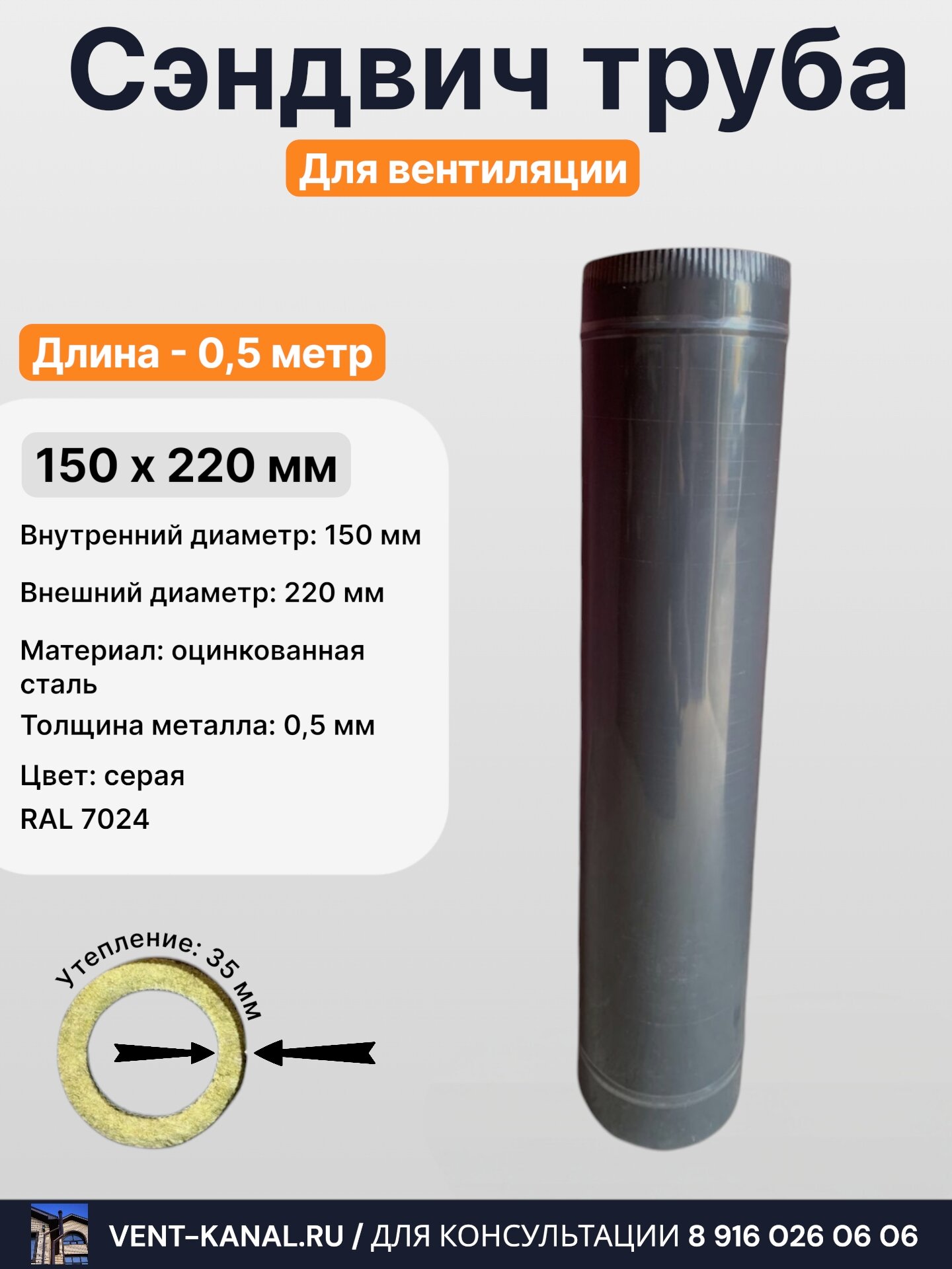 Сэндвич-труба для вентиляции 0,5м, 150х220, оцинкованная сталь, 7024/серая