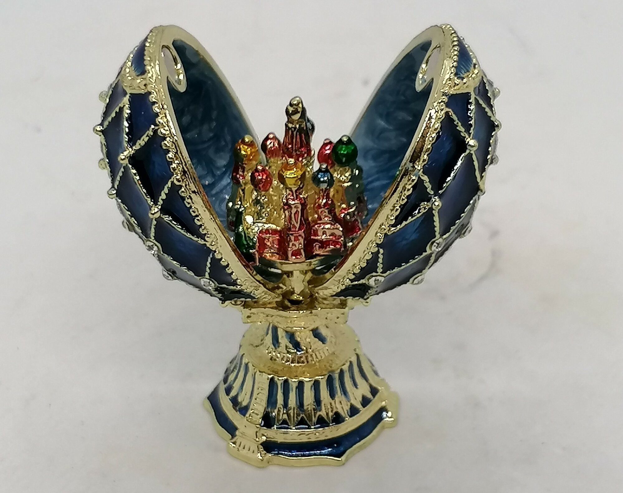 Яйцо Фаберже, сетка со стразами, с храмом внутри, малое, арт 80913, синее