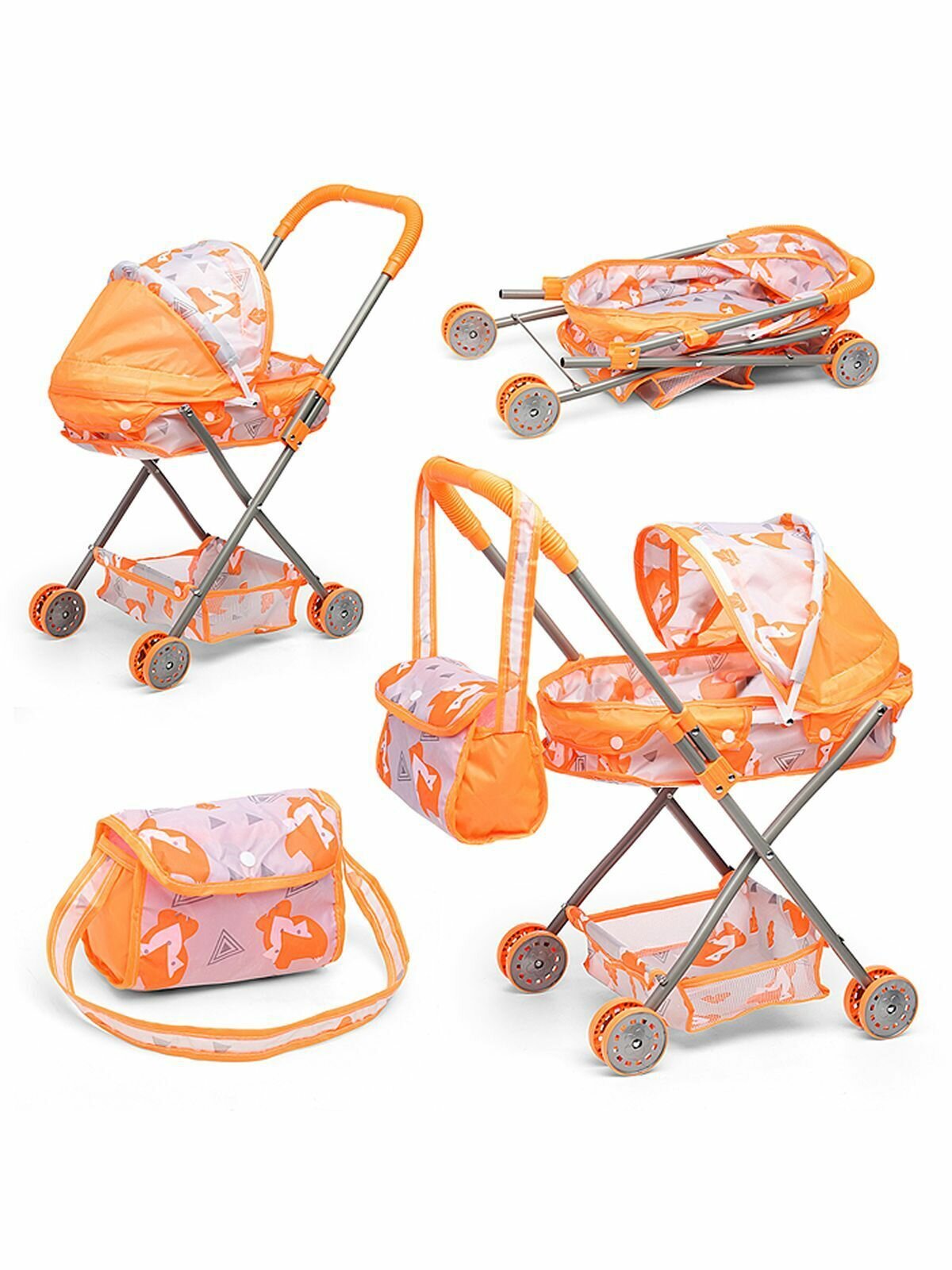 Коляска кукольная, складная, с сумкой, оранжевая, с принтом