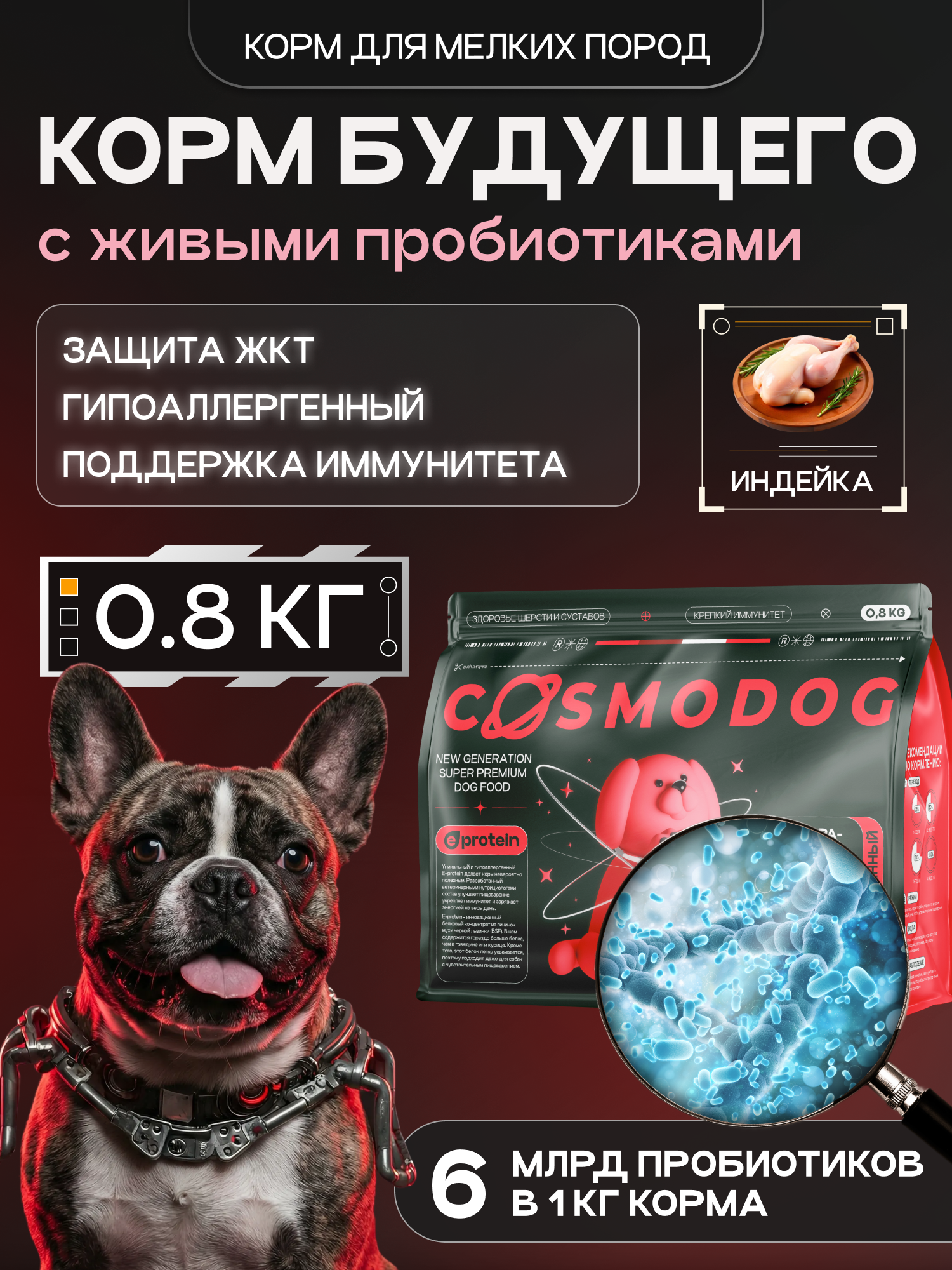 Корм для собак сухой Cosmodog от Cosmopet для мелких пород с индейкой и пробиотиком 0,8 кг гипоаллергенный холистик супер премиум-класса