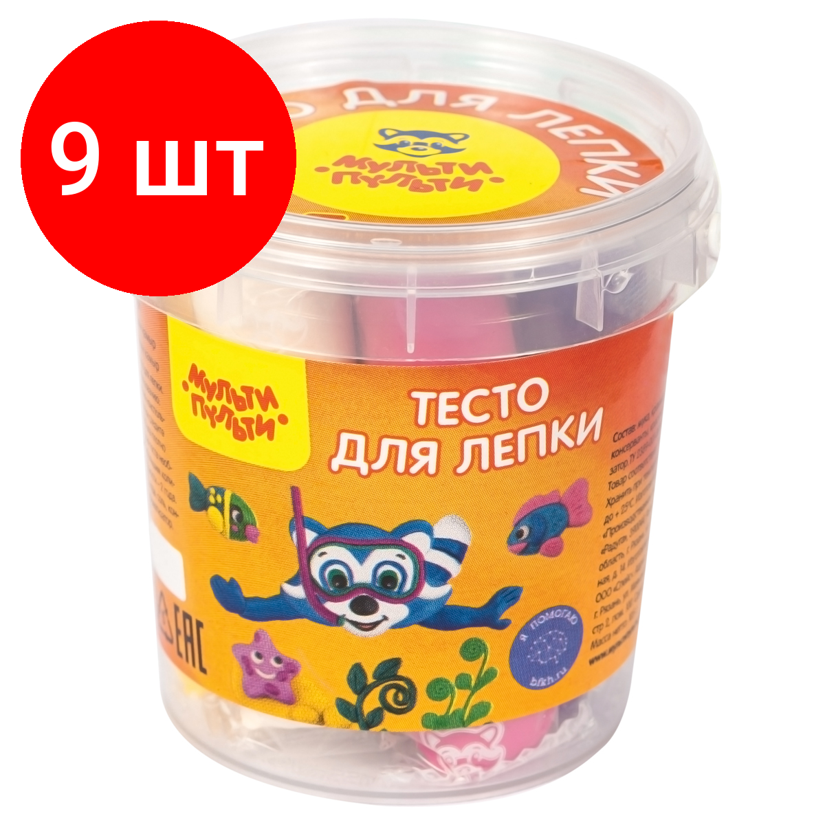 Комплект 9 шт, Тесто для лепки Мульти-Пульти "Приключения Енота", 07 цветов*15г, пластиковое ведро