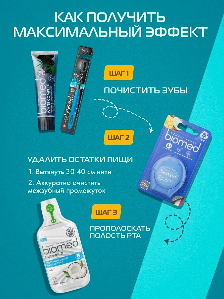 Отбеливающая зубная паста BIOMED WHITE COMPLEX антибактериальная с углем, черная, без фтора и парабенов, 100 г