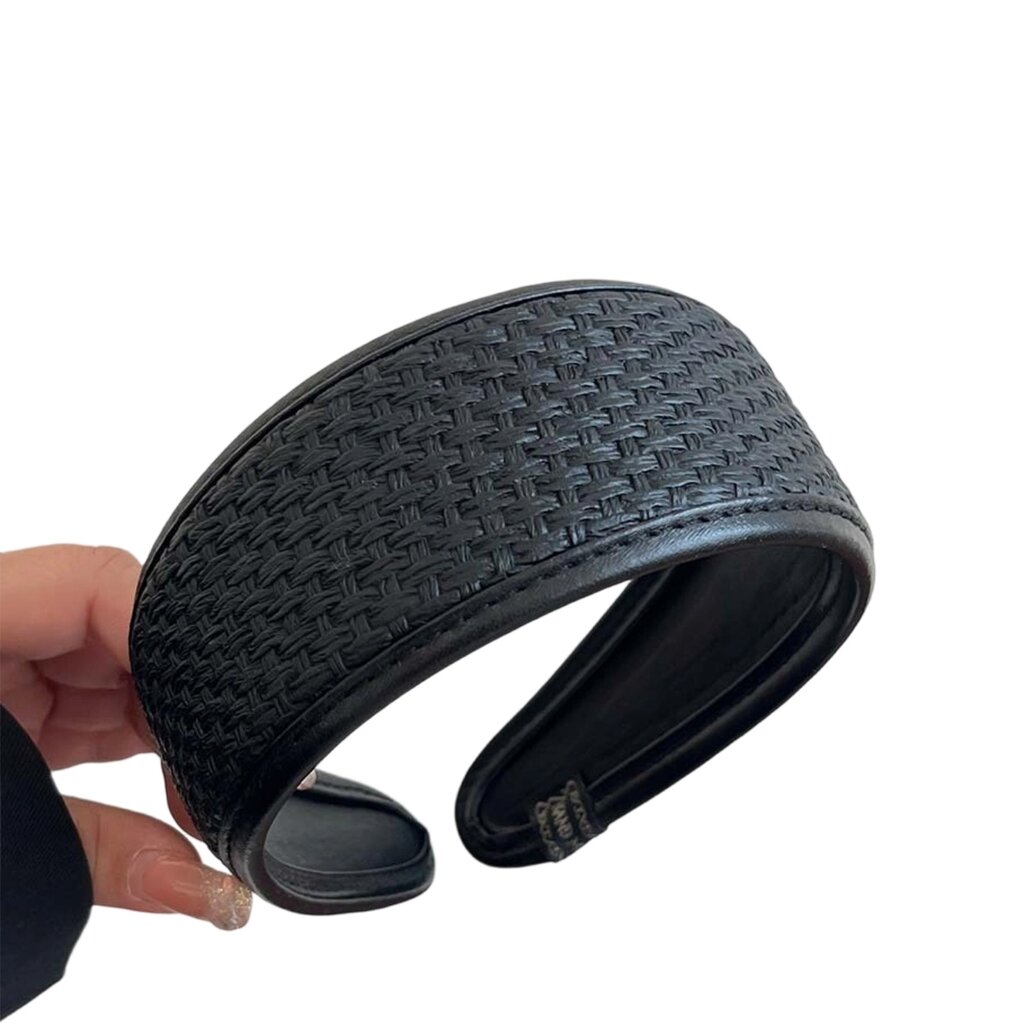 Кожаная повязка на голову с широкими полями-черная плетеная кожа