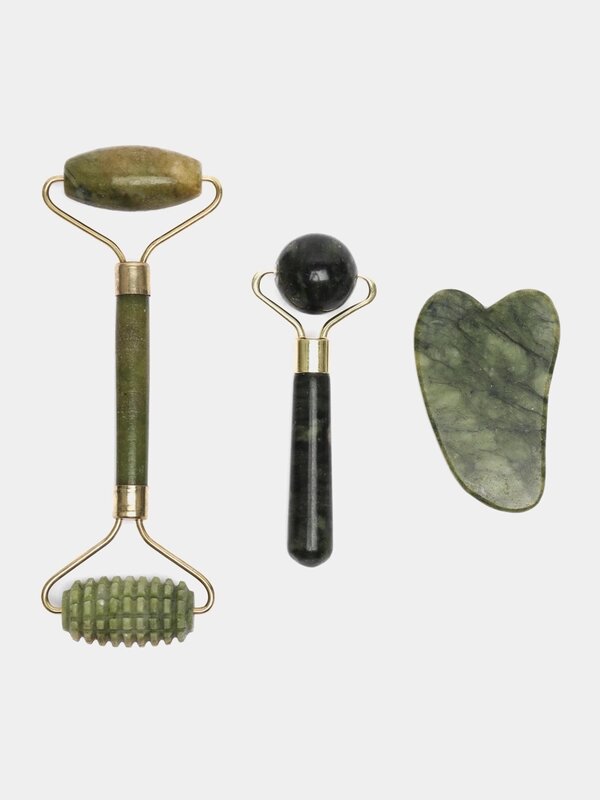 Набор массажеров косметический, роллер 2 шт, скребок "Gua sha", цвет зелёный шарм