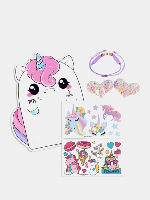 Набор для девочек: временная тату, заколки, браслетик, Единорог, Котёнок, Корги