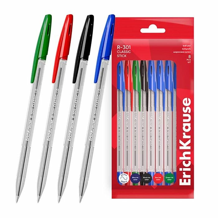 Шариковые ручки Erich Krause "Stick Classic", 1 мм, синие, черные, красные чернила, 8 шт