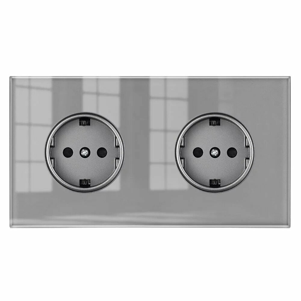 Розетка электрическая 2 поста, с заземлением, Защитные шторы, рамка153х82мм стекло, цвет серый