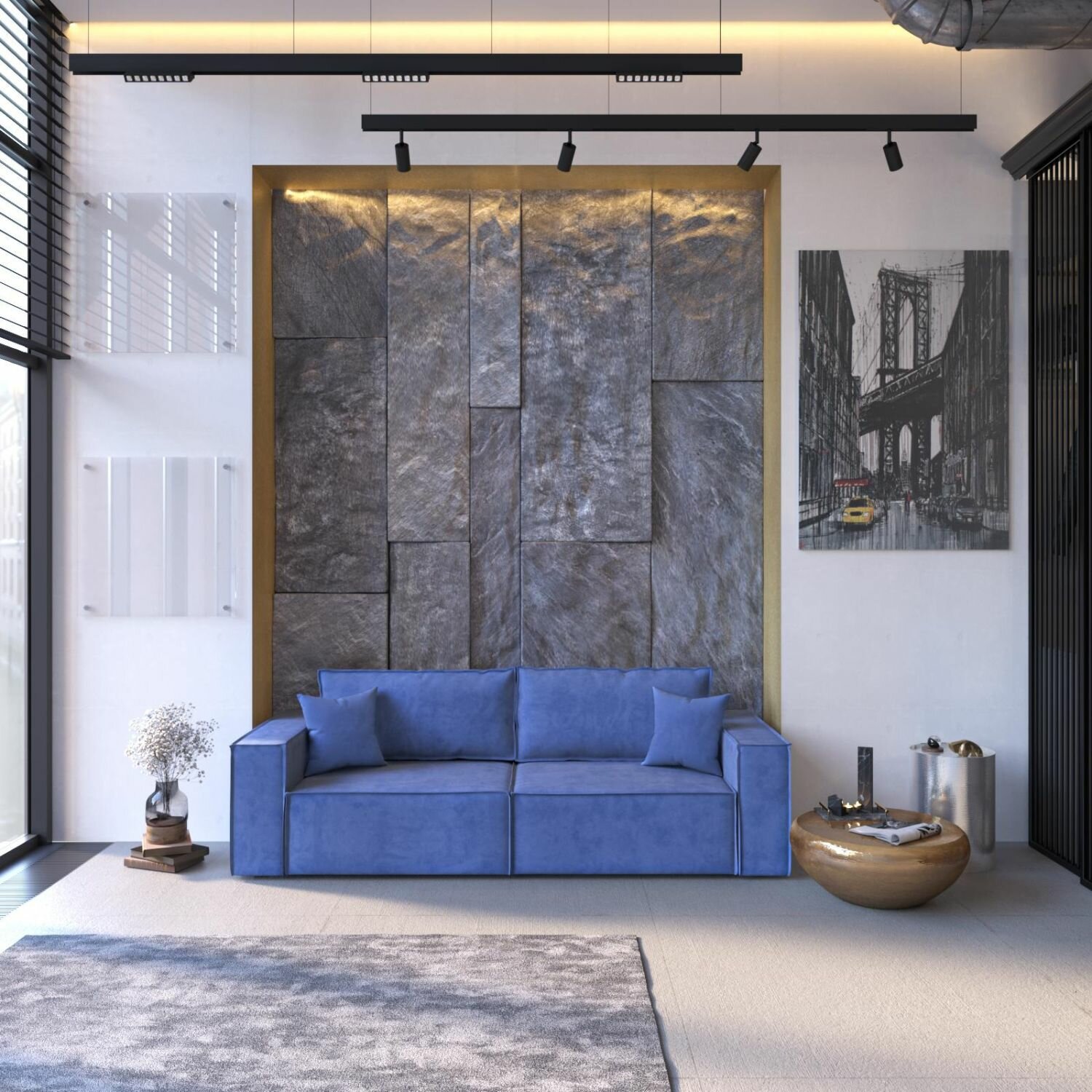 Прямой диван-кровать Manons Maison Hygge, раскладной механизм Еврокнижка, Велюр голубой, 250х100х86 см