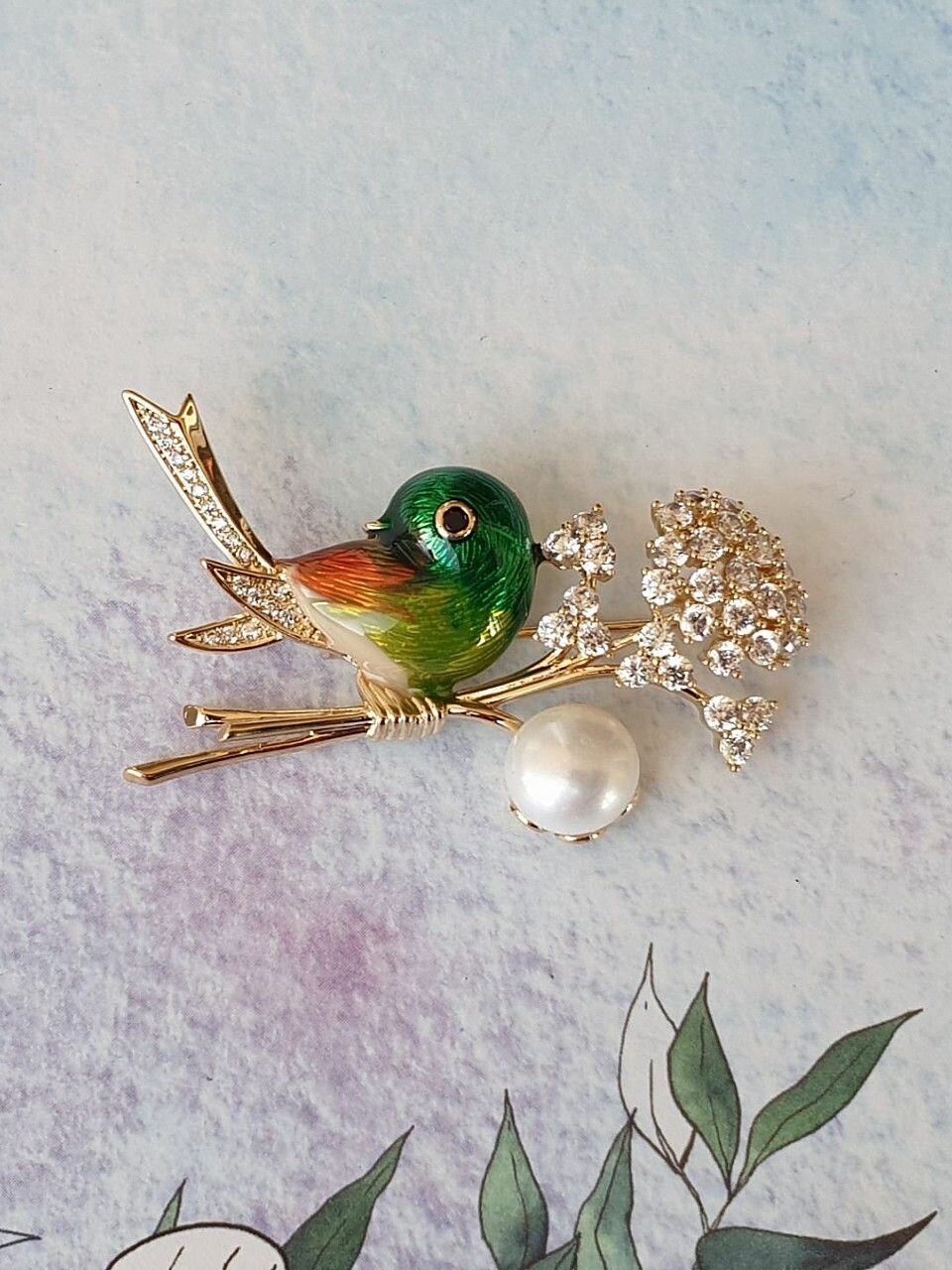 Брошь, фианит, жемчуг культивированный