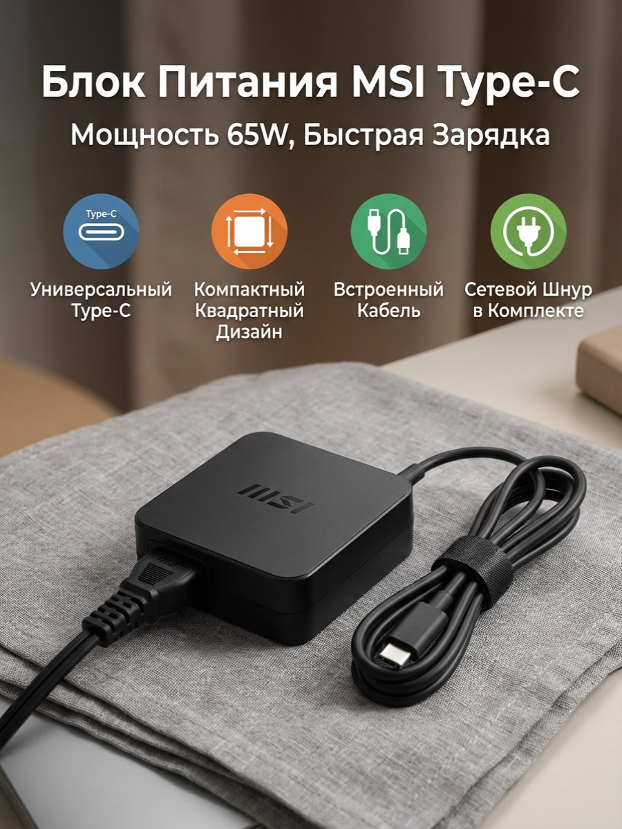 Блок питания MSI Type-C, 65W (20V, 3.25A) ORG (square shape)