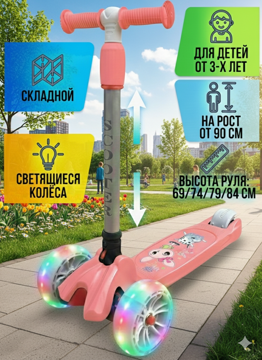 Складной трёхколёсный самокат со светящимися колёсами Scooter Maxi Print Lights 108 NEW Розовый 2025