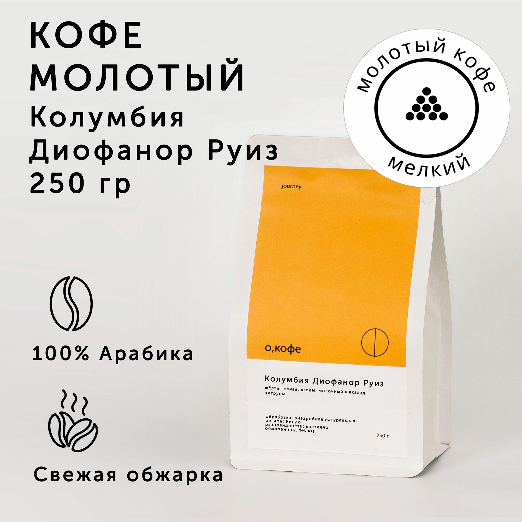Кофе молотый О, кофе Колумбия Диофанор Руиз 250 гр, фильтр, мелкий помол