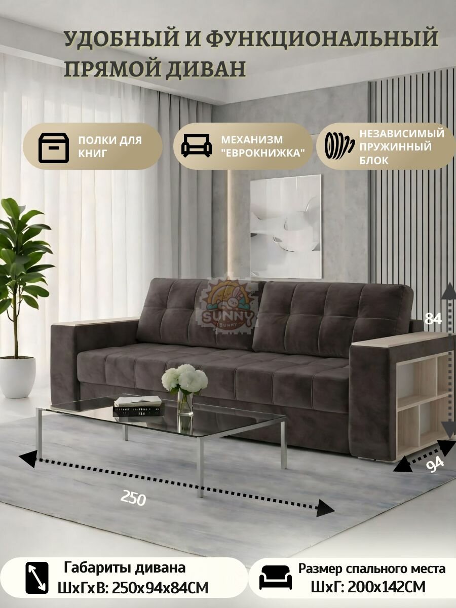 Диван "марс" прямой, раскладной(Дрим Графит Ясень Шимо Светлый), ШxВxГ:250x84x94 см