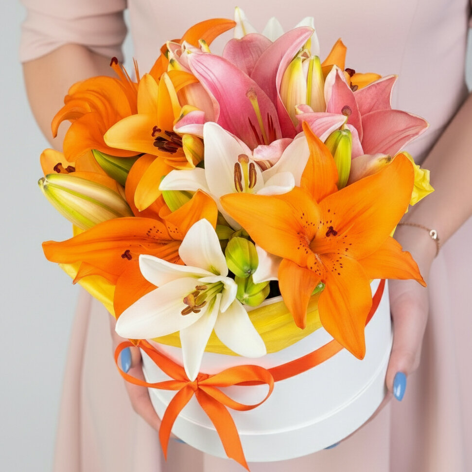 Композиция Мегацвет24, "Лилии Микс", 5 шт, в шляпной коробке