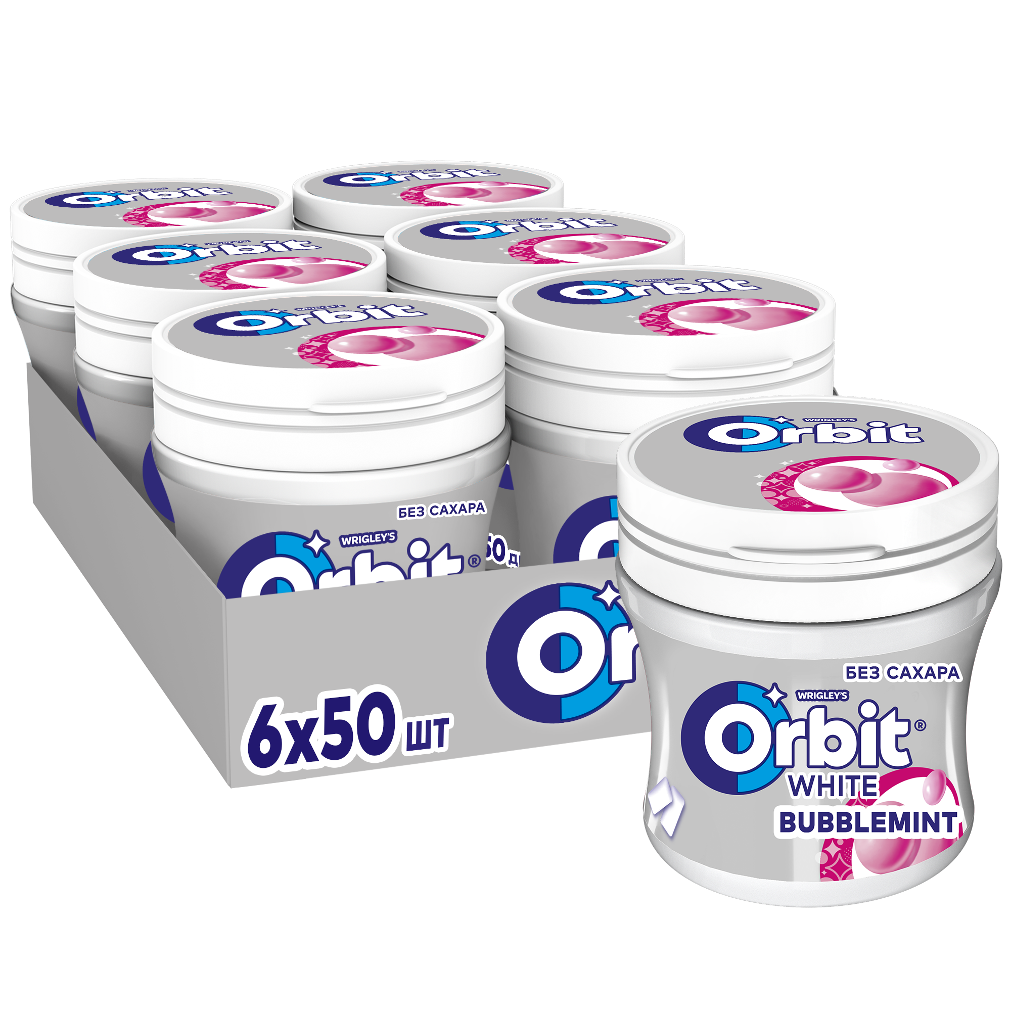 Жевательная резинка Orbit White Bubblemint без сахара, 6 баночек по 68 г
