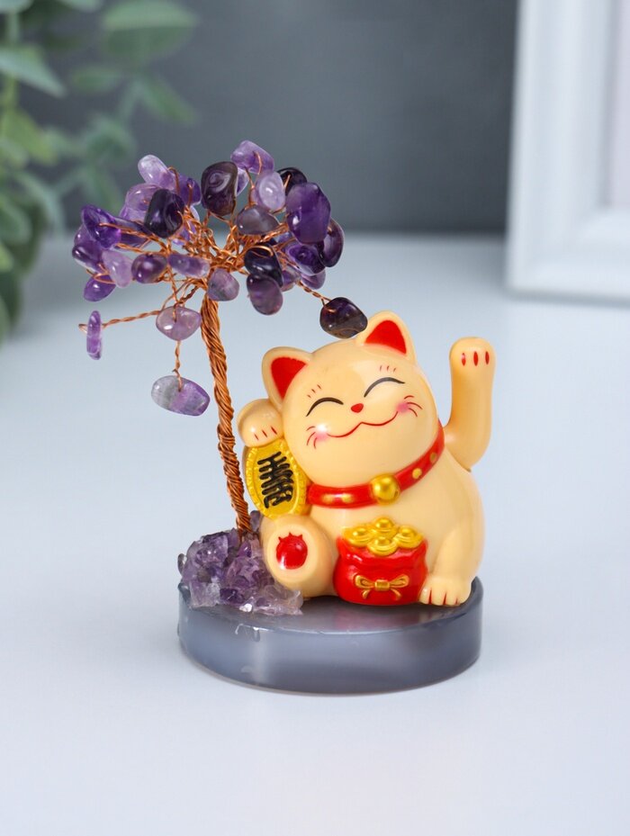 Маятник настольный антистресс от солнечной батареи «Жёлтый Манэки-нэко у дерева», 36 камней, 5.5×5.5×11 см