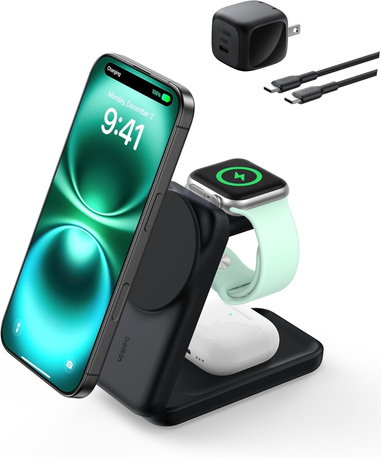 Складная магнитная беспроводная зарядка 3 в 1 Belkin UltraCharge MagSafe Qi2 с адаптером 45 Вт черная (BBB009-BK)