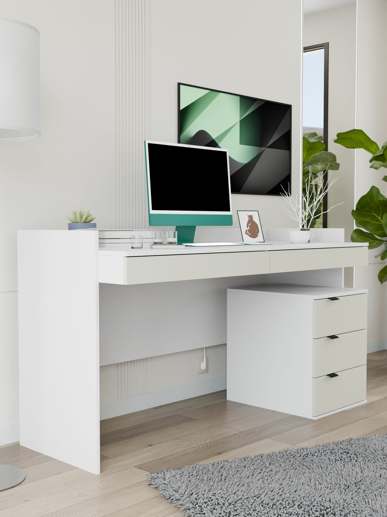 Изумлит Стол компьютерный для офиса и дома Бастион 160х87х64.5 см, корпус+столешница белый/фасад бежевый