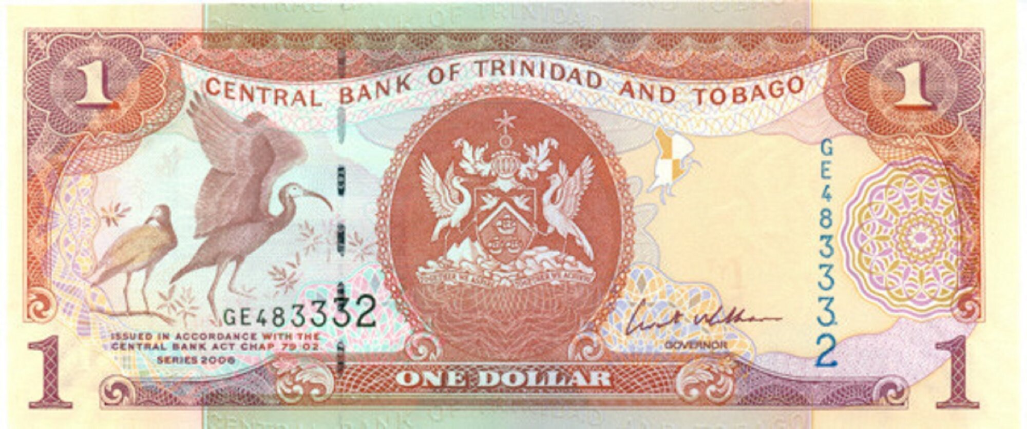 Банкнота номиналом 1 доллар Тринидада и Тобаго 2006 года. Состояние UNC. Р-46 (33019)
