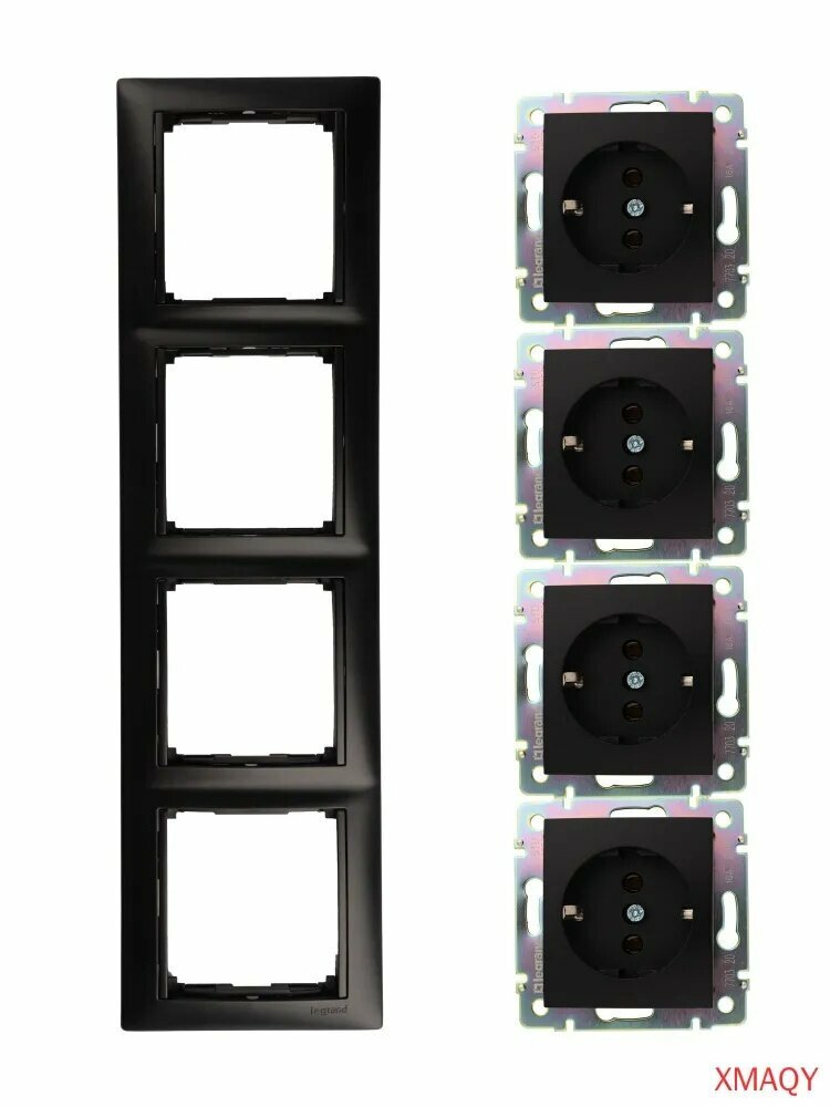 Розетки с заземлением 4 шт + рамка 4 поста Legrand valena 220В, 16А, черный