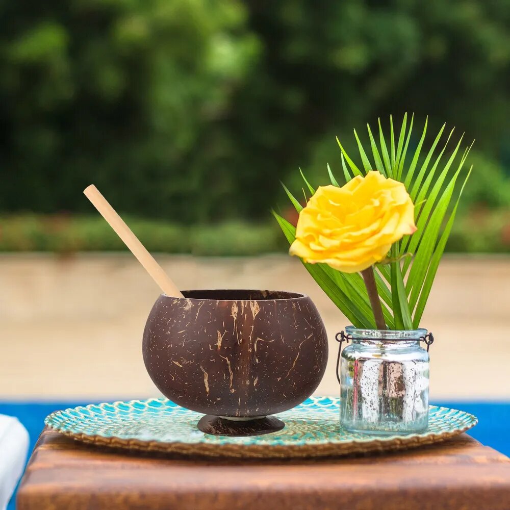 Набор кокосовых чаш из скорлупы кокоса с бамбуковой трубочкой для домашнего использования