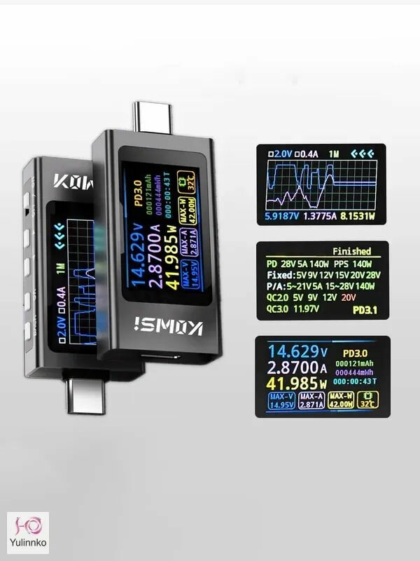 USB-тестер с HD дисплеем, поддержкой PD/QC 240Вт и мониторингом параметров