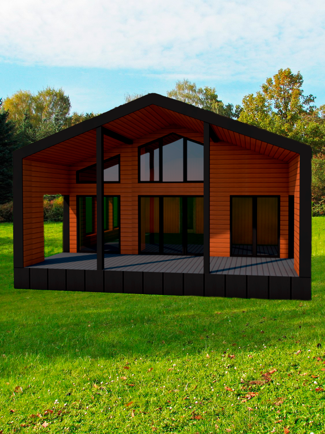 Проект одноэтажного каркасного дома c тремя комнатами, кухней-гостиной, террасой и вторым светом 12.67х8.17 м