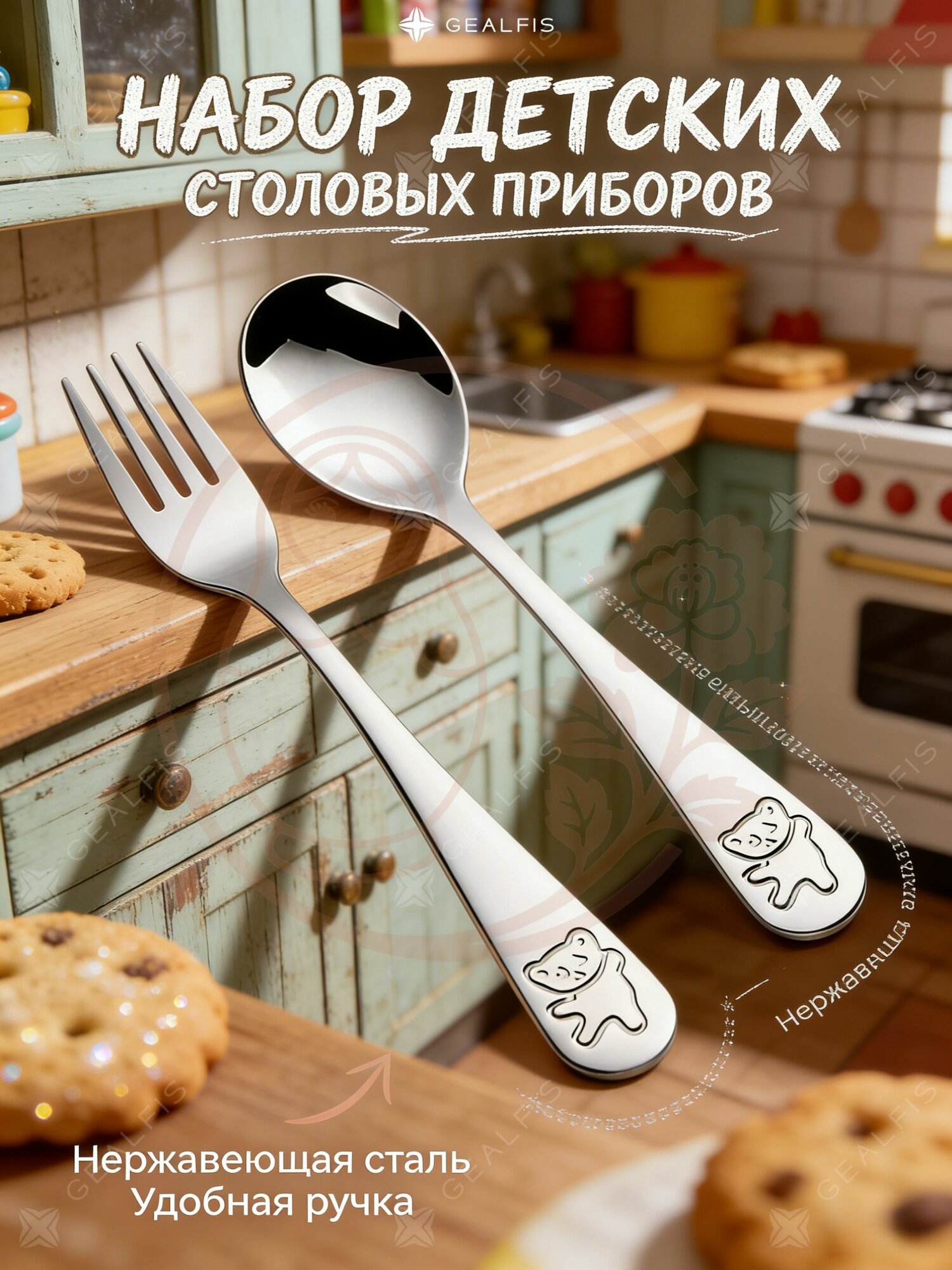 Подарочный набор детских столовых приборов с мишкой, Вилка и ложка серебристого цвета, Полезный подарок ребенку