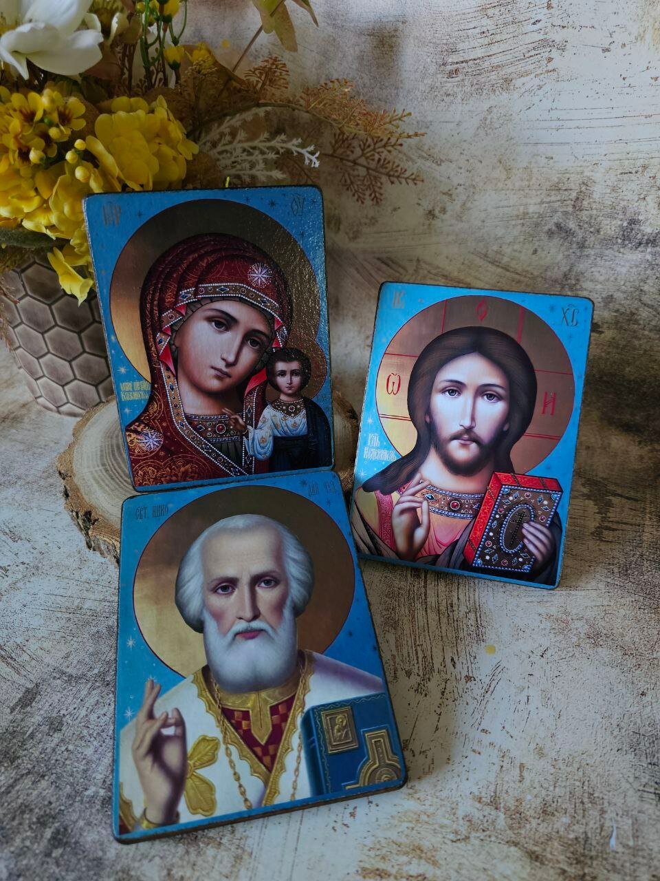 Освященные иконы "Господь, Богородица и Николай Чудотворец", набор для домашнего иконостаса, 10*14 см