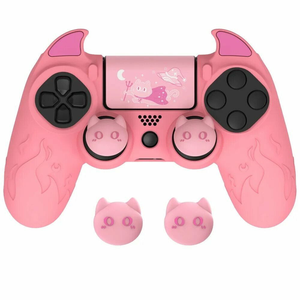 PlayVital Силиконовый чехол для геймпада PS4 Cute Demon, антискользящий, с насадками на стики, розовый